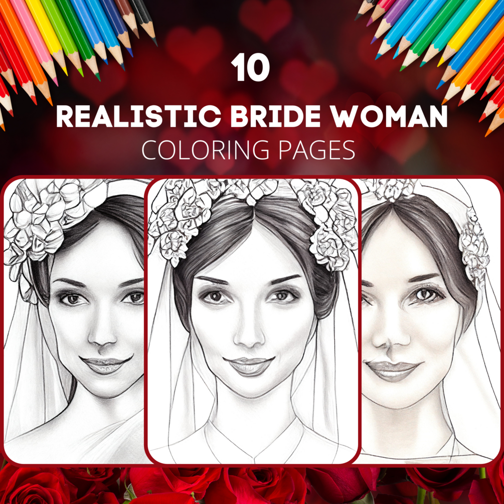 Realistic Bride Women Coloring Pages: 10 Printable Boho Themed Pages ...