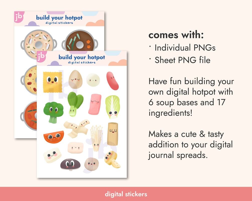 Digital Stickers Hotpot Asian Digital Stickers with Cute Asian Food ...