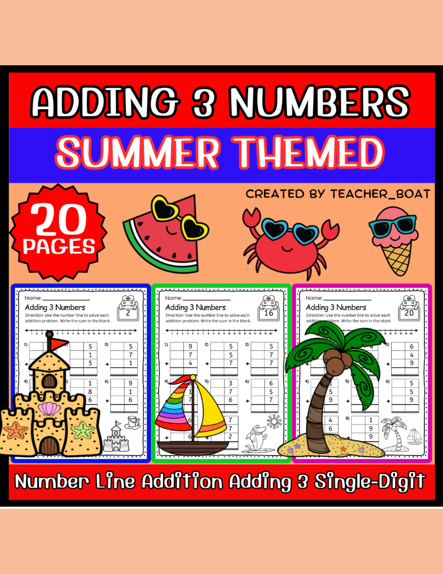 Number Line Addition - Adding 3 Single-Digit Numbers | Summer-Themed