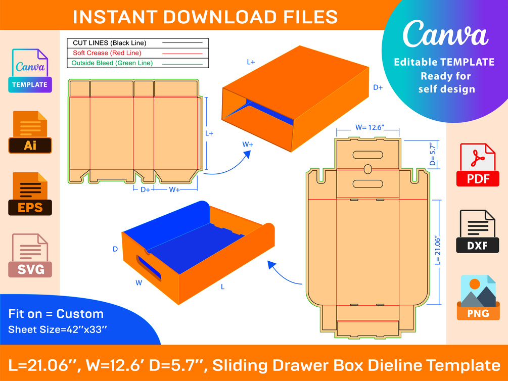 Sliding Shoe Box Extra Large Size Dieline template