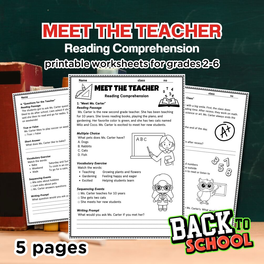 Meet the Teacher Reading Comprehension Worksheets for Grades 2–6, Back ...