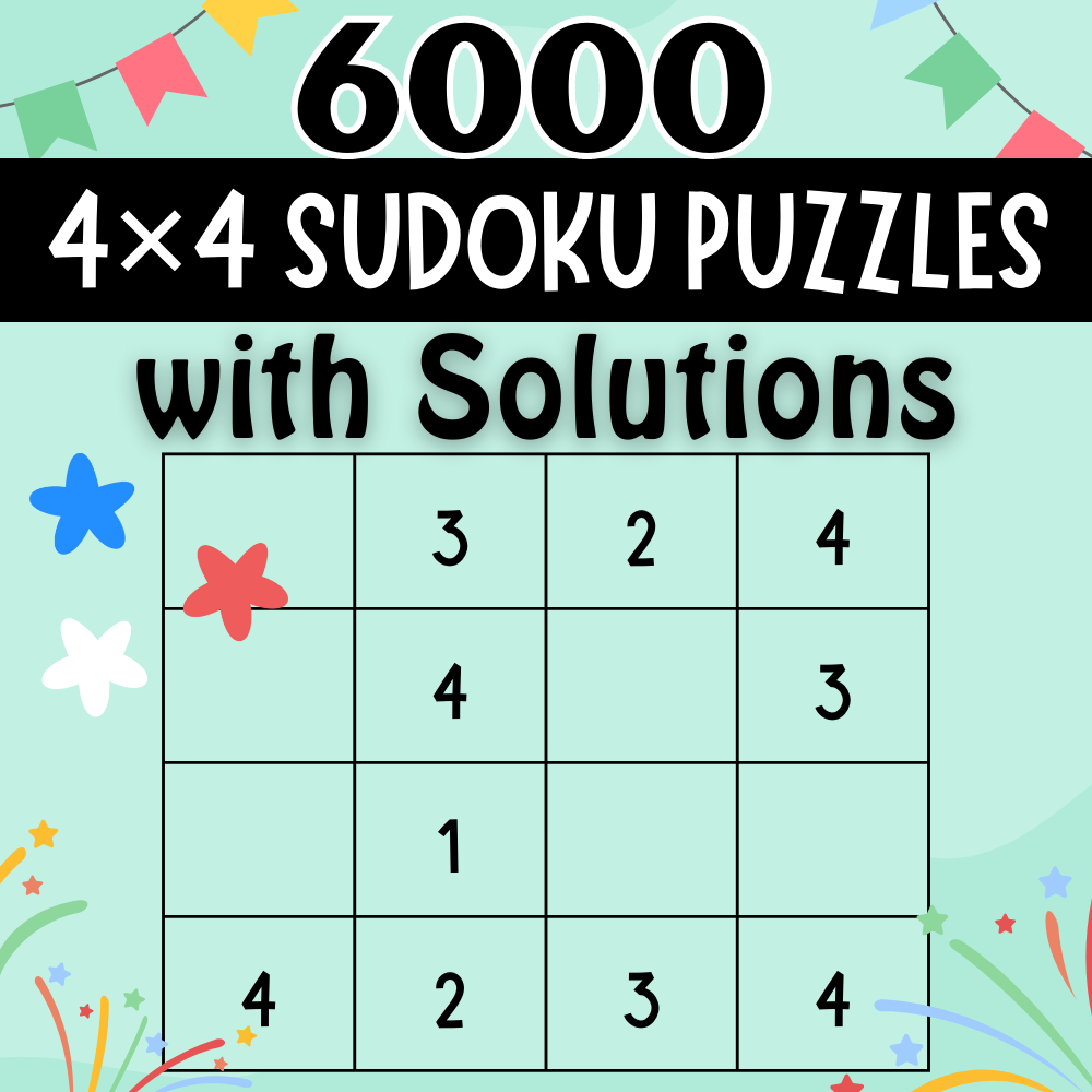 Set of Sudoku 4x4 Puzzles for Kids, 6000 Sudoku Puzzles with Solutions
