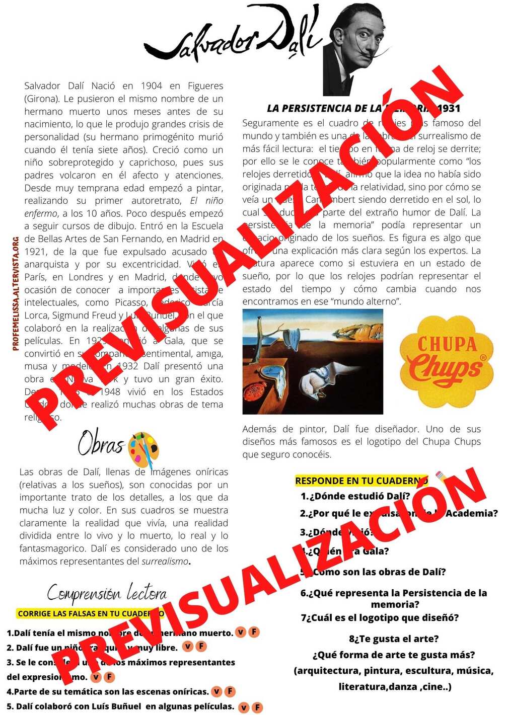 Salvador Dalí y el Surrealismo- Comprensión lectora