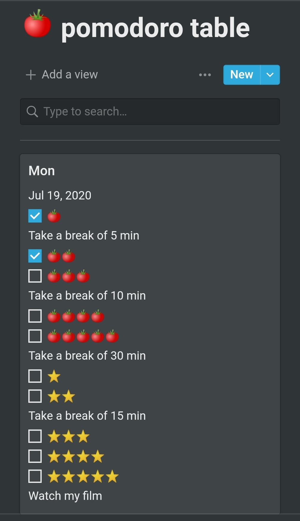 Pomodoro table / Notion