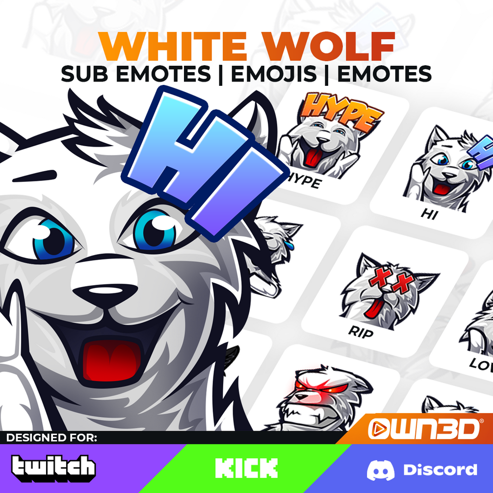 White Wolf Animated Sub Emotes - 8 Pack [Twitch | Kick | Discord]