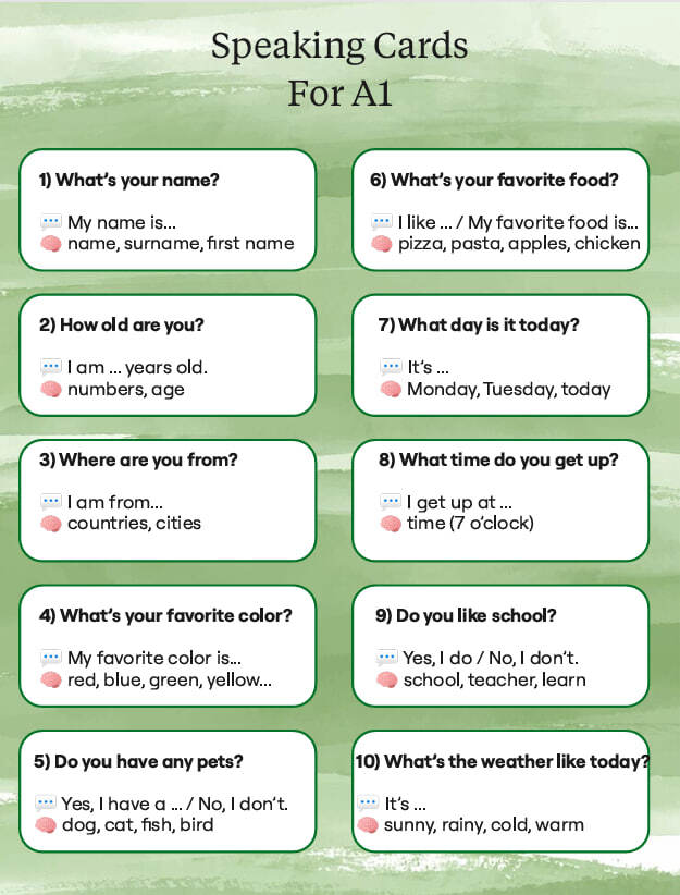 A1 Speaking Cards with useful prases