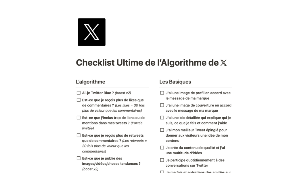 Checklist Ultime de l’Algorithme de 𝕏