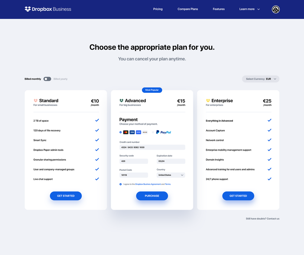 Redesign Pricing Page Dropbox