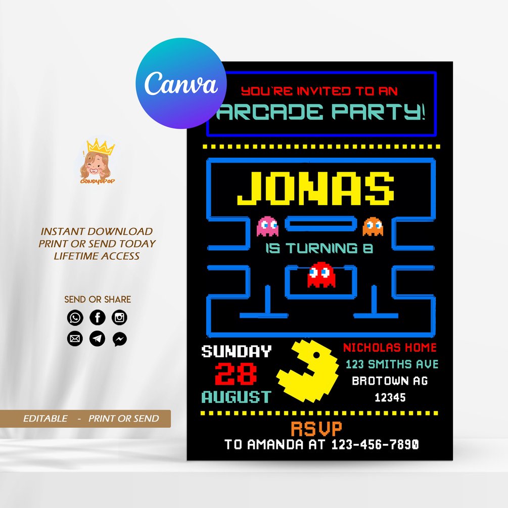 Personalized Arcade Birthday Invitation | Editable Instant Download ...