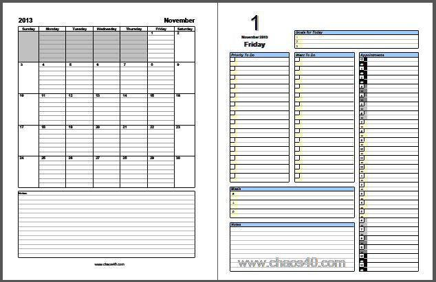 Free Download - November 2013 Daily Calendar Pages