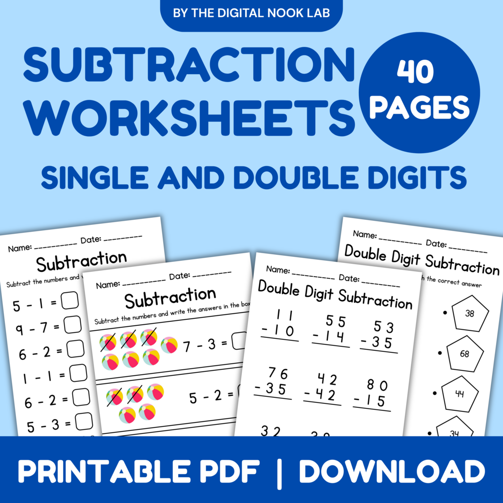 🧮 Kids Subtraction Worksheets (40 Pages - PDF) 🧮 Includes Single ...