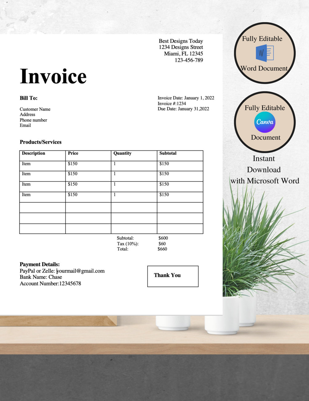 Invoice Template, Printable Invoice, Editable Invoice, Receipt, Microsoft Word Invoice, Canva ...
