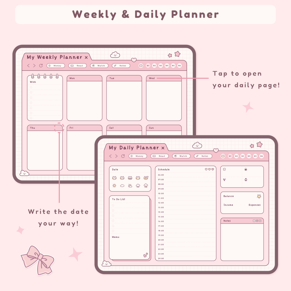 Undated Digital Planner | Monthly, Weekly, Daily | Strawberry Fluffy Ice