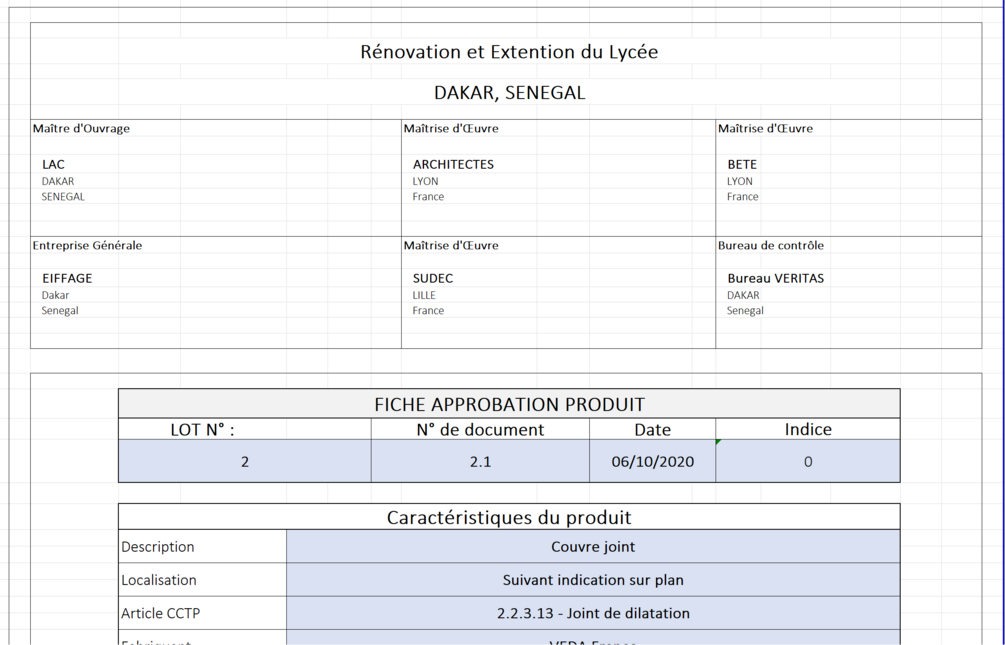 Material Approval Table - Product Approval Sheet - Architect - Construction