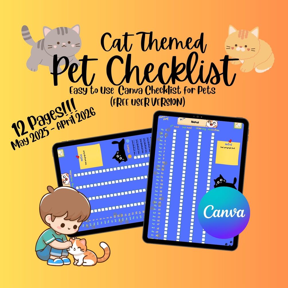 Pet Checklist (Cat themed) - CANVA Free User Friendly