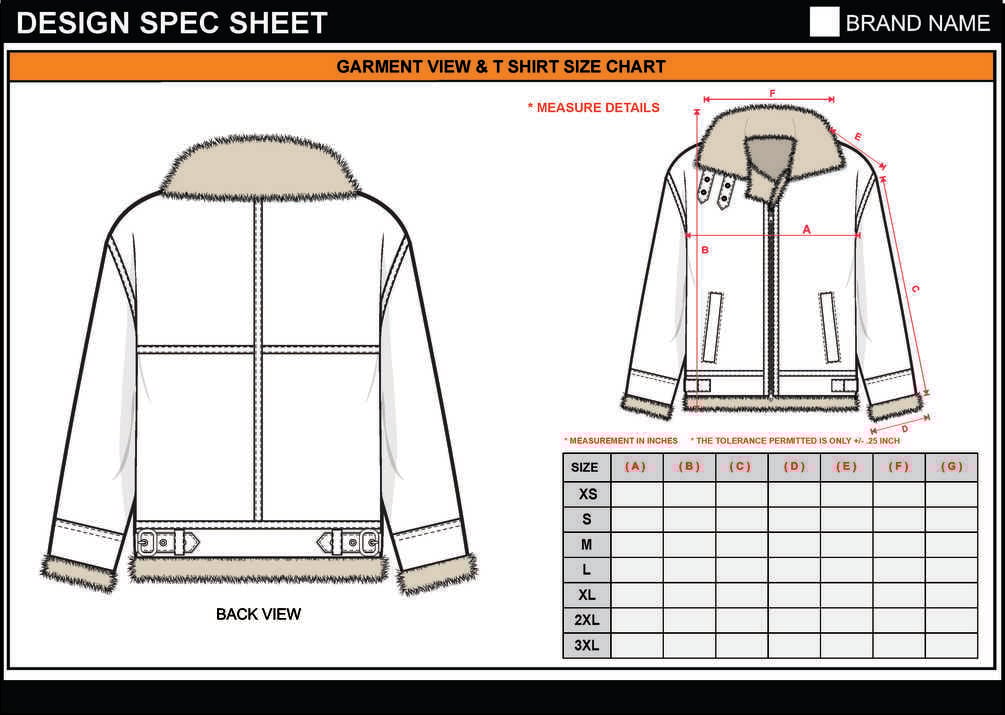 BOMBER JACKET FUR COLLAR EASY EDITABLE EMPTY TECHPACK MEASUREMENT ...