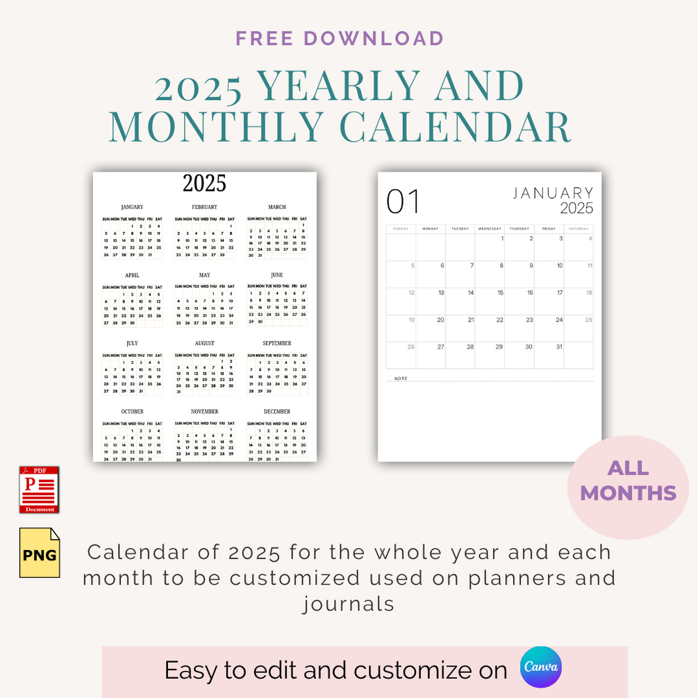 FREE! Minimalist 2025 Yearly & Monthly Calendar | For Planners ...