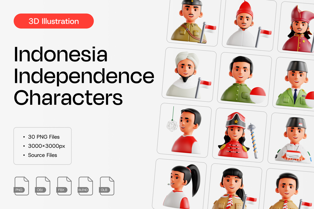 Indonesian Independence Characters 3D Icon Set