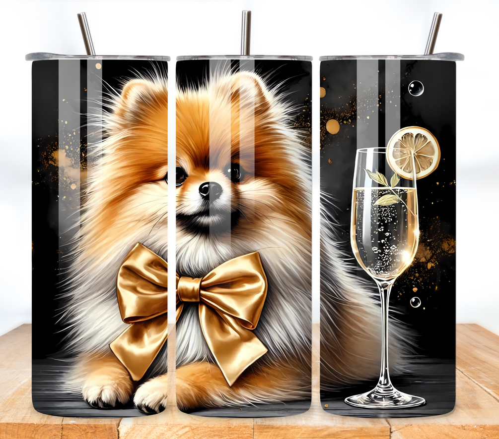 Pomeranian Tumbler Wrap PNG – Glam Dog with Champagne Glass, Golden Bow ...
