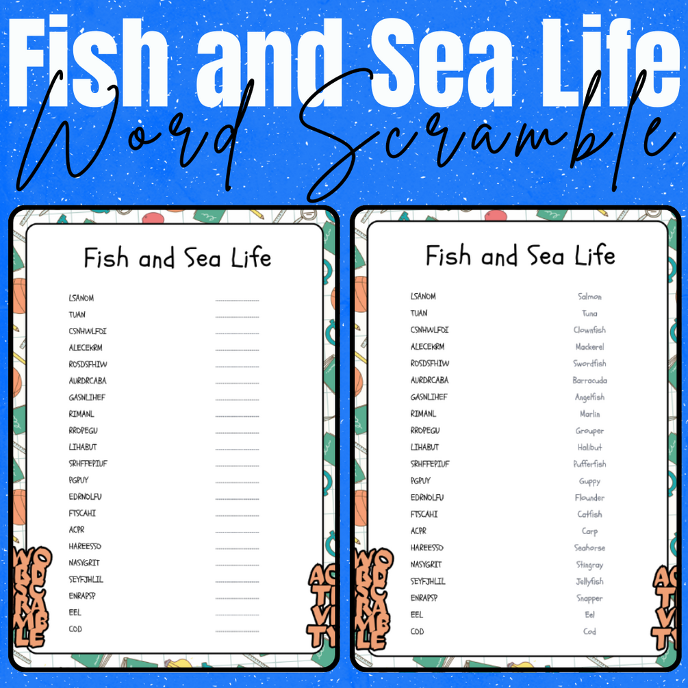 Fish and Sea Life - Word Scramble No Prep Activity Printable Worksheet