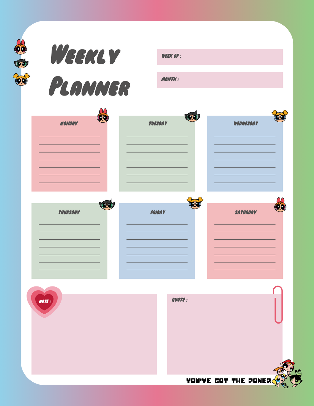 Cute, Minimalistic Powerpuff Girls Weekly Planner