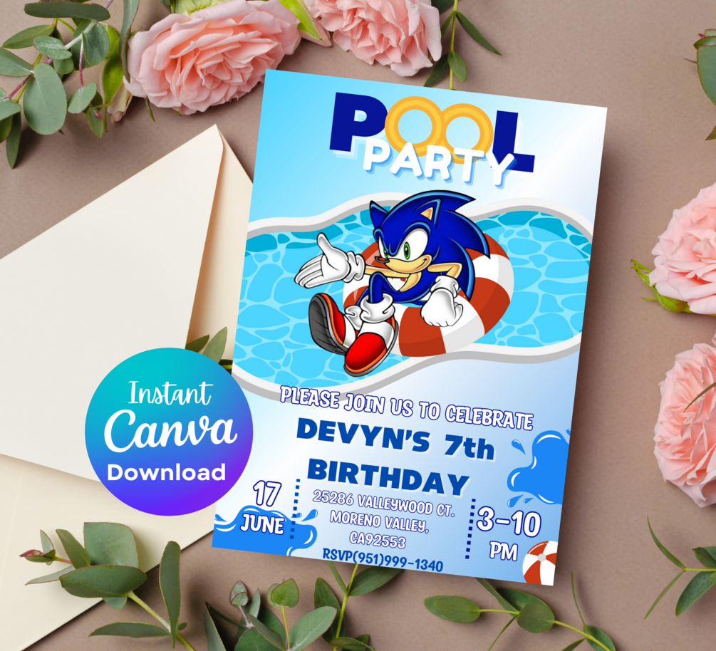 Sonic Blue Pool Birthday Invitation | Custom Digital Party Invite
