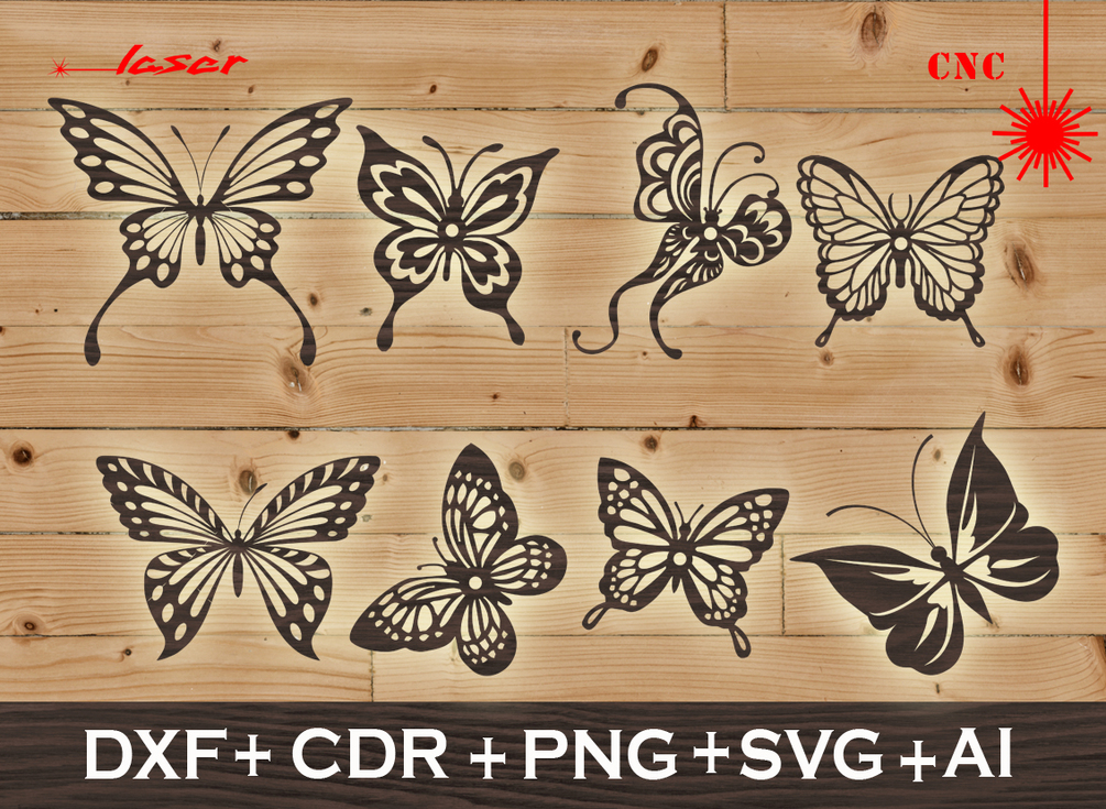 Set of 8 Butterflies for Download DXF, CDR, PNG, SVG, Ai