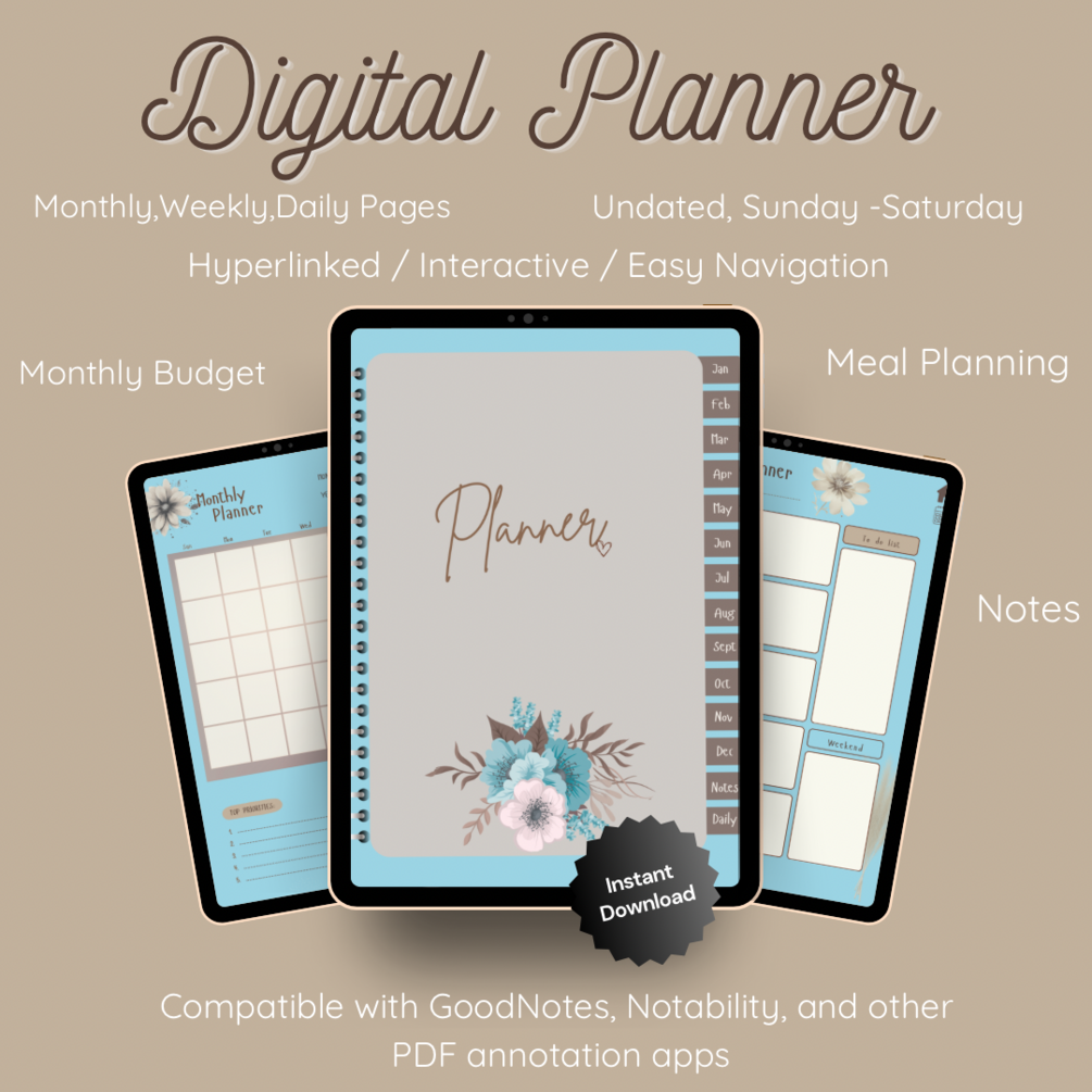 Digital Planner - Daily, Weekly & Monthly (Undated) Easy to Use.