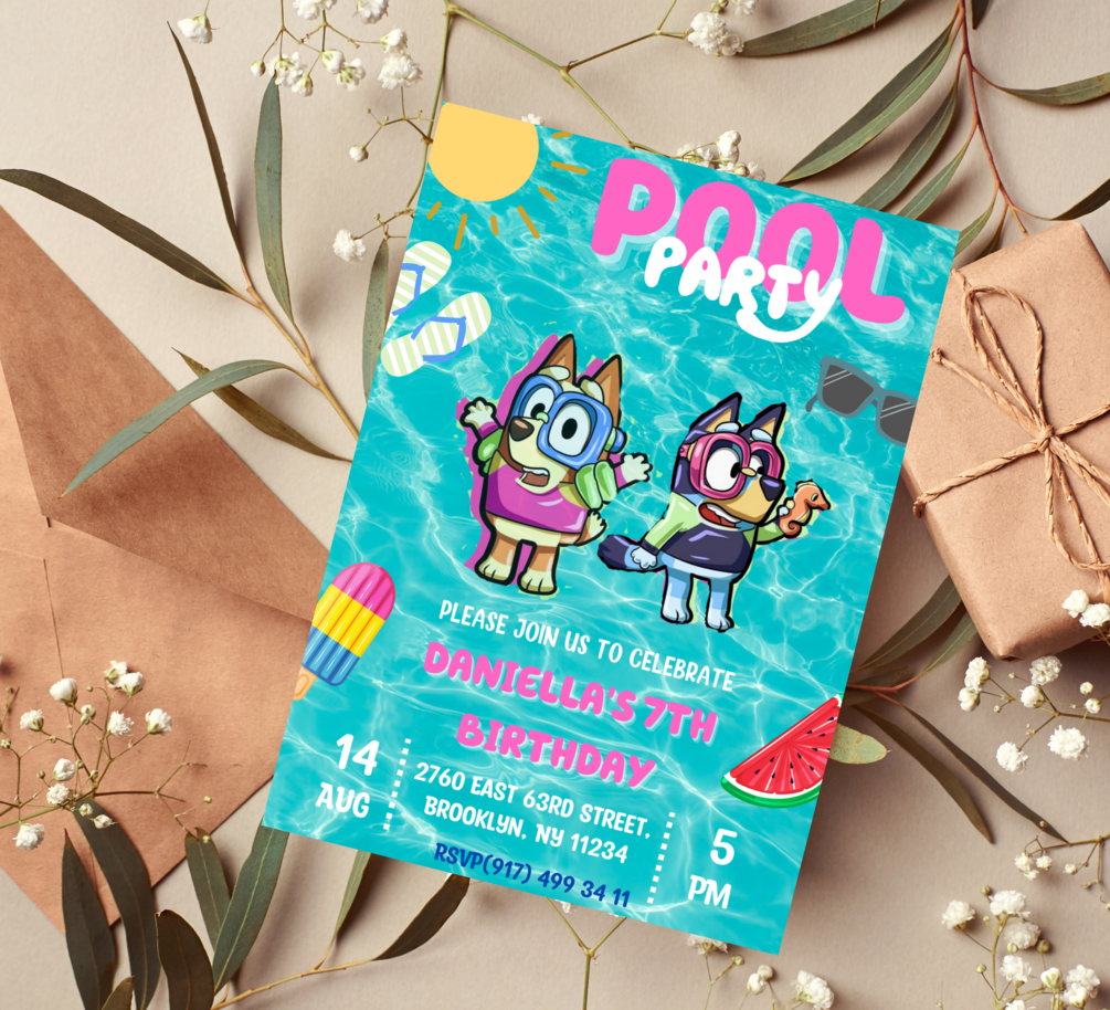 Bluey Pool Birthday Invitation | Splash-Tastic Customizable Party ...