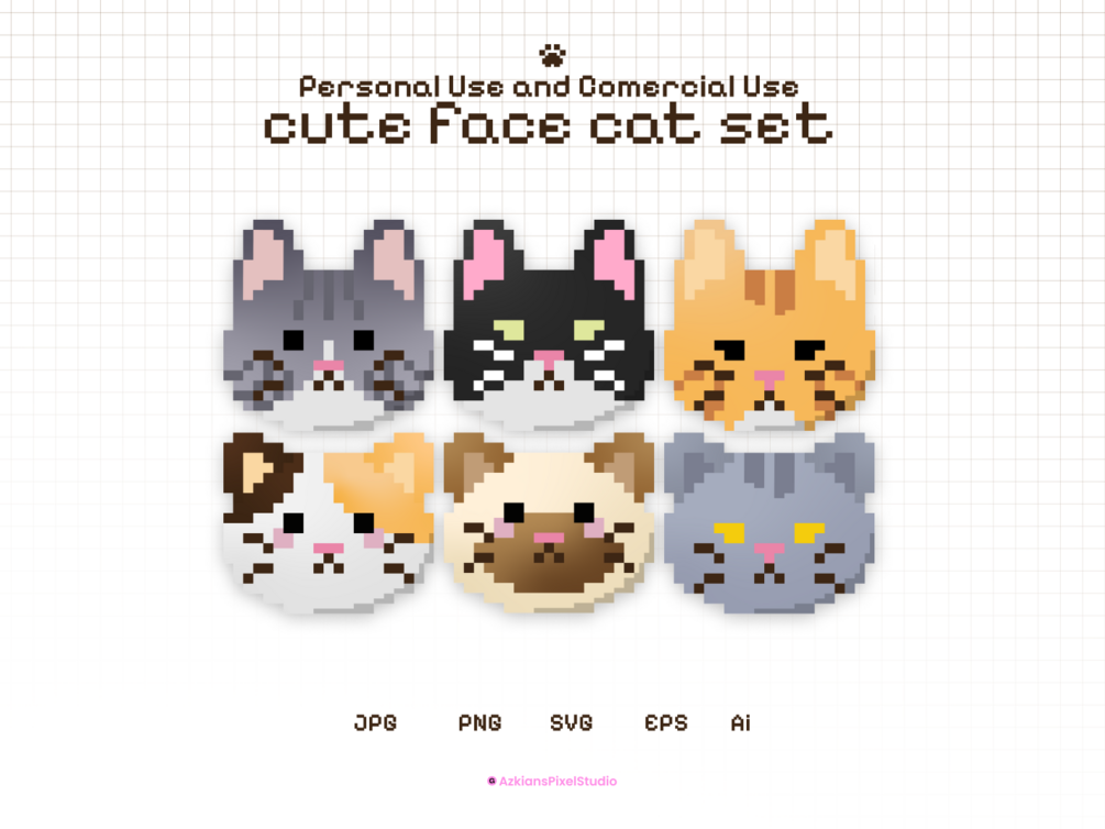 Purr-fectly Adorable: Cute Cat Face Pixel Set for Digital & Print Delights