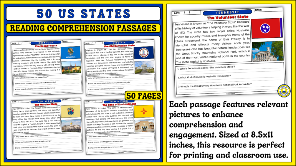50 US States Reading Comprehension Passages & Questions | Kindergarten ...