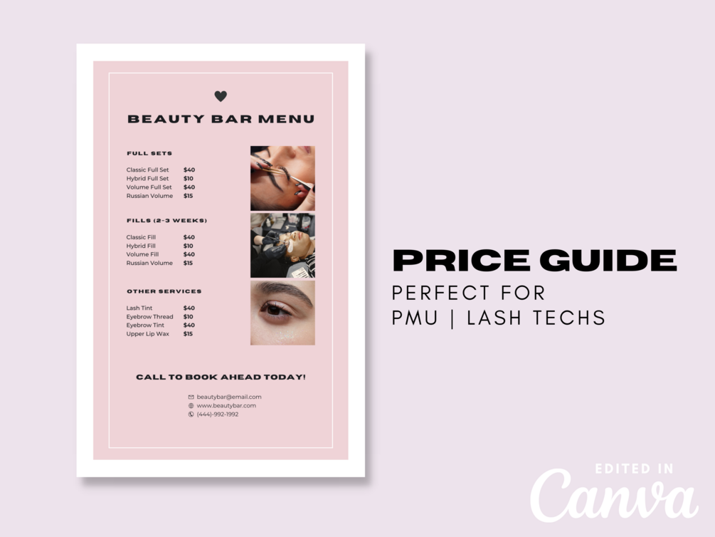 Beauty Service Pricing Menu | PMU Price Guide Post Card Menu