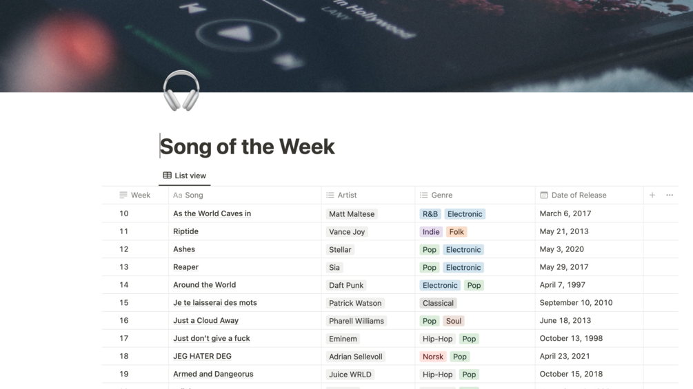 Notion Template: Song of the Week 2024