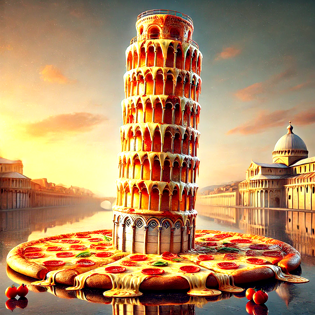 The Leaning Tower of Pizza - High- Resolution Surreal Digital Artwork