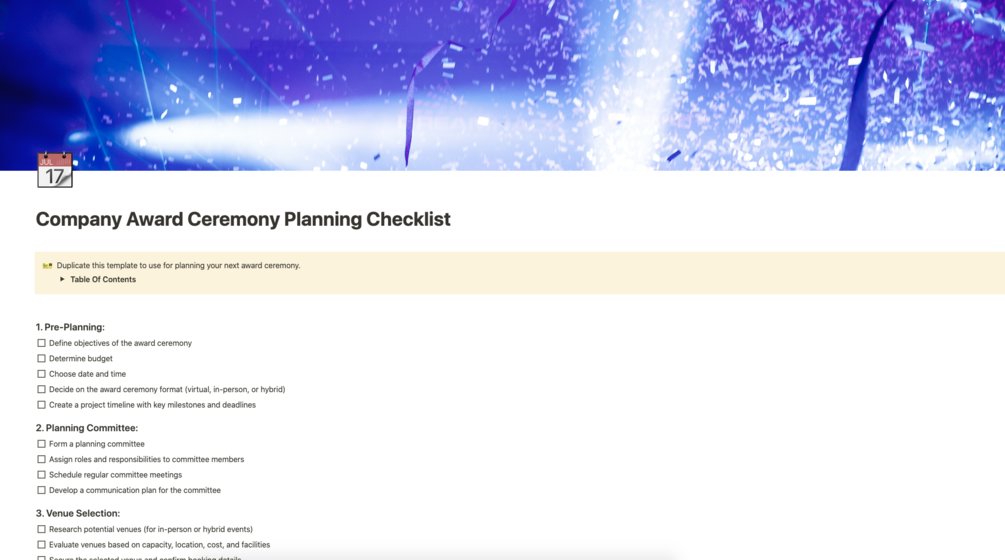 Notion - Company Award Ceremony Planning Checklist Template