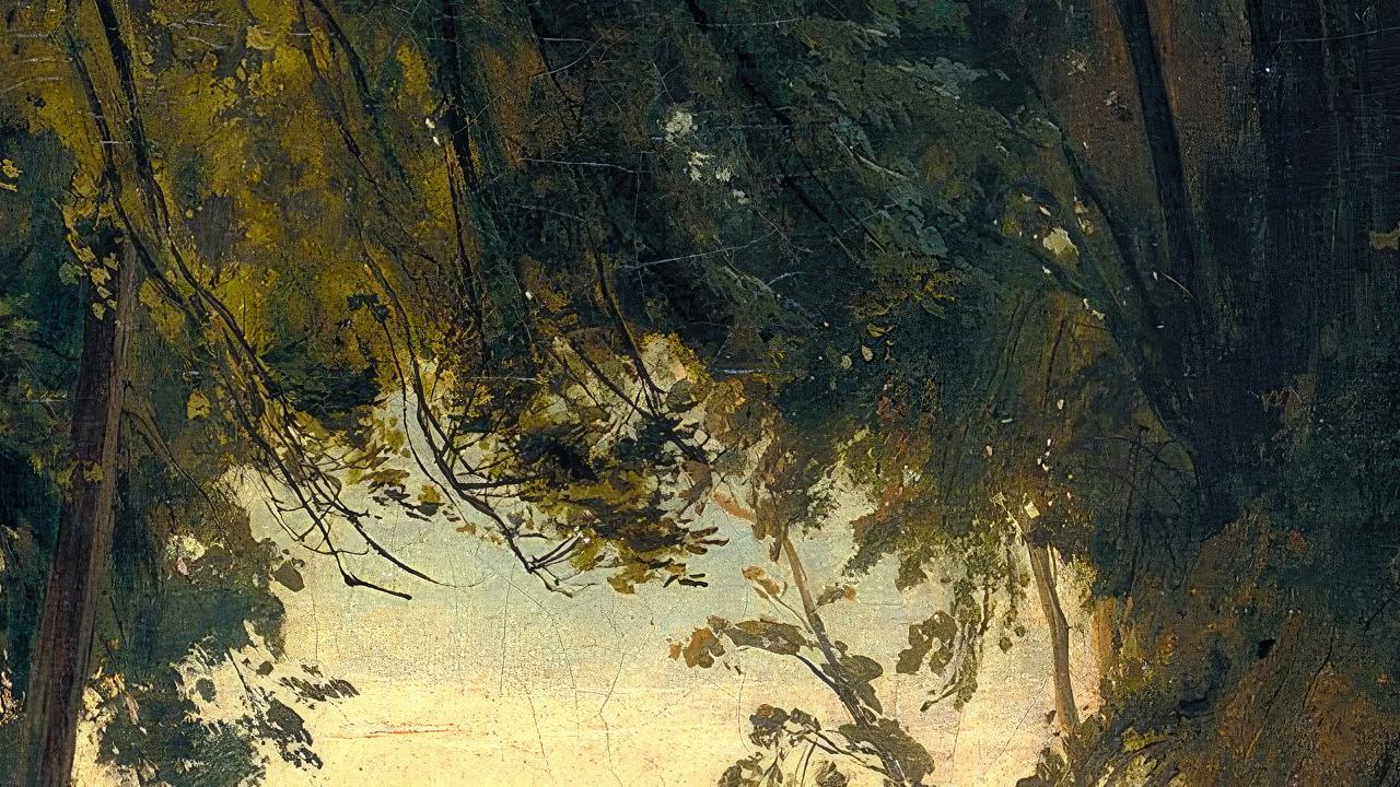 Forest path overlooking a church / Forest path near Spandau by Carl Blechen