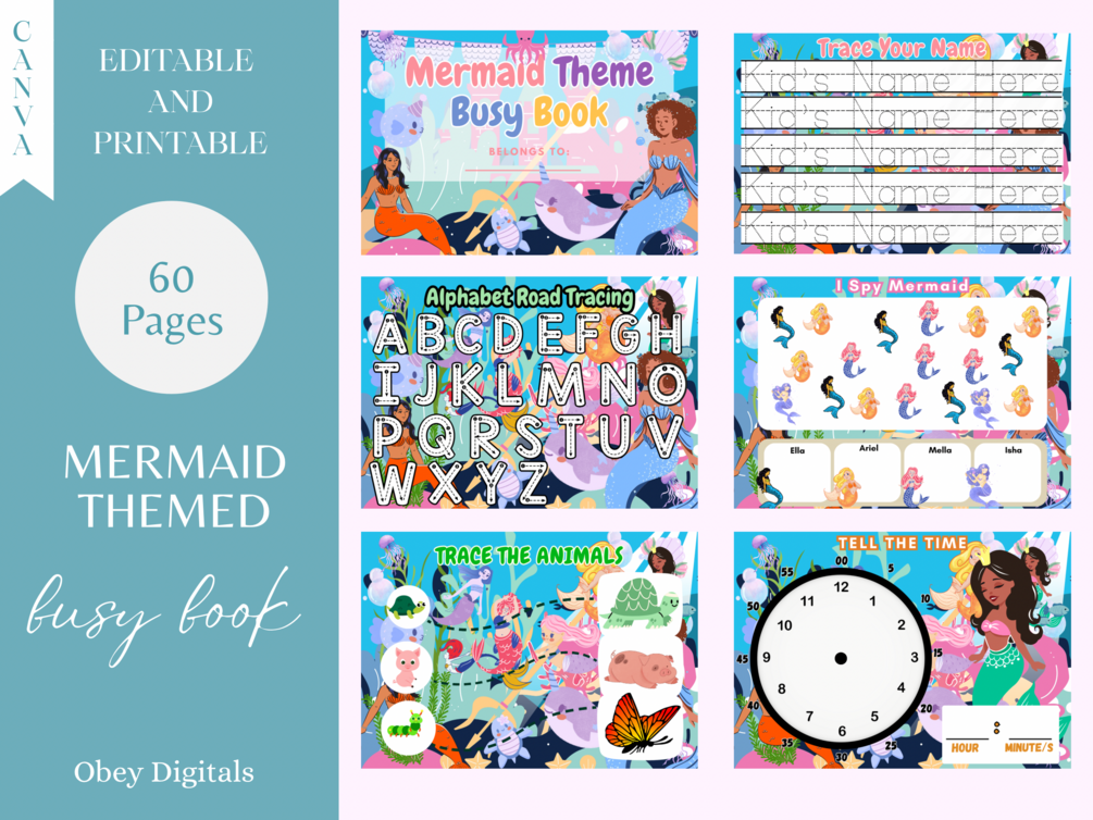 MERMAID THEME BUSY BOOK | EDITABLE AND PRINTABLE | OBEY DIGITALS