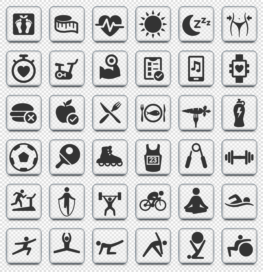 Set of 36 Vector Fitness and Diet Icons on Transparent Square Buttons.