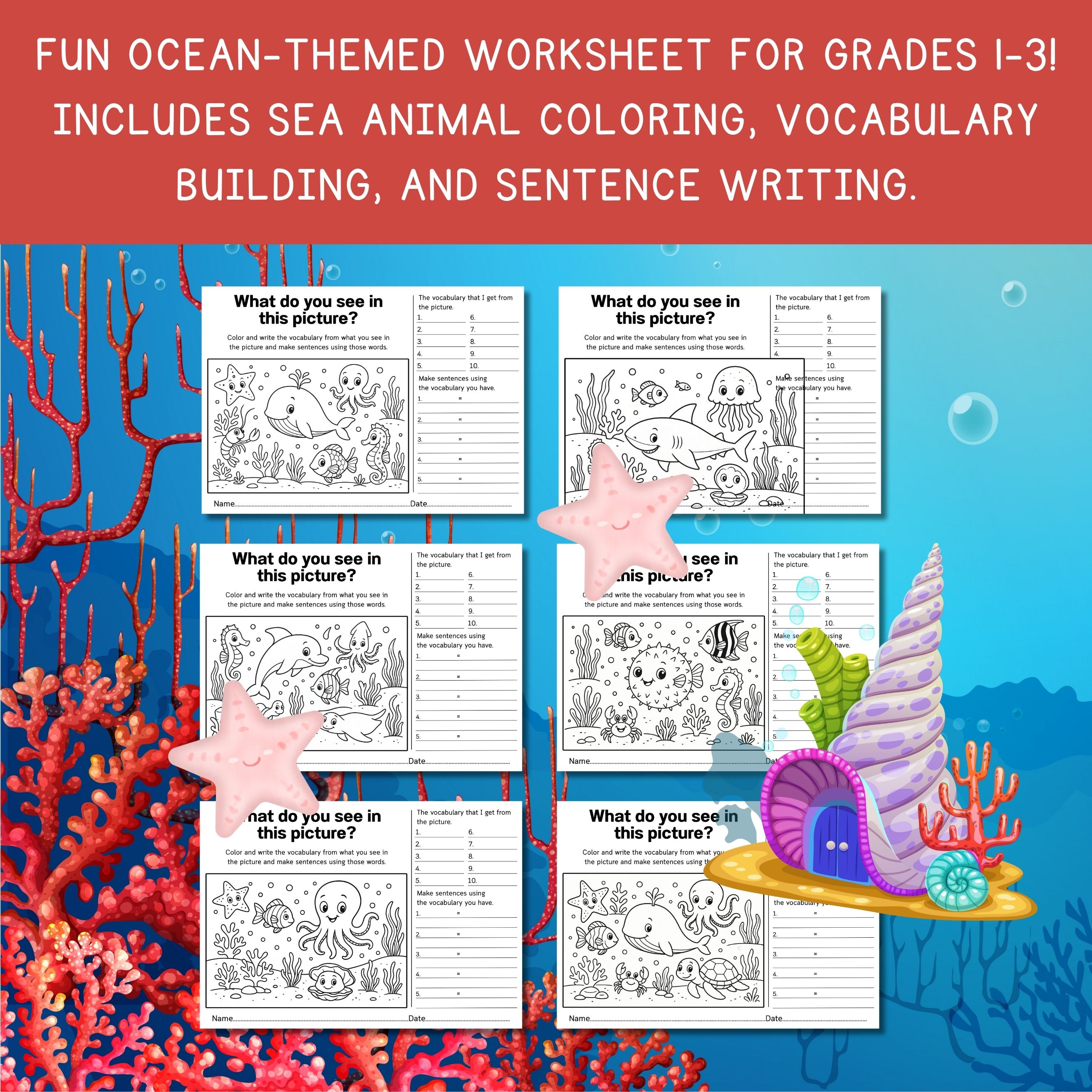 Ocean Animal Under the Sea Coloring & Vocabulary Worksheet | Sentence ...