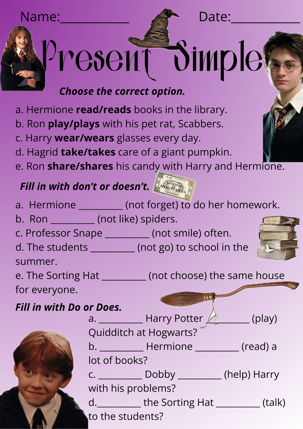 Present Simple English Worksheet – Harry Potter Themed Printable