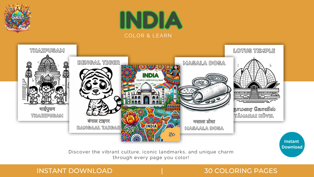 30-Pages Printable Kids Coloring Book - India: Color and Learn Activity ...