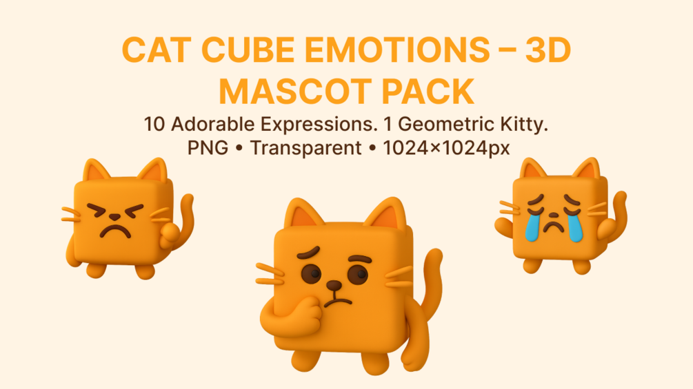 Cube Cat – 3D Emotion Mascot Pack (10 PNGs)
