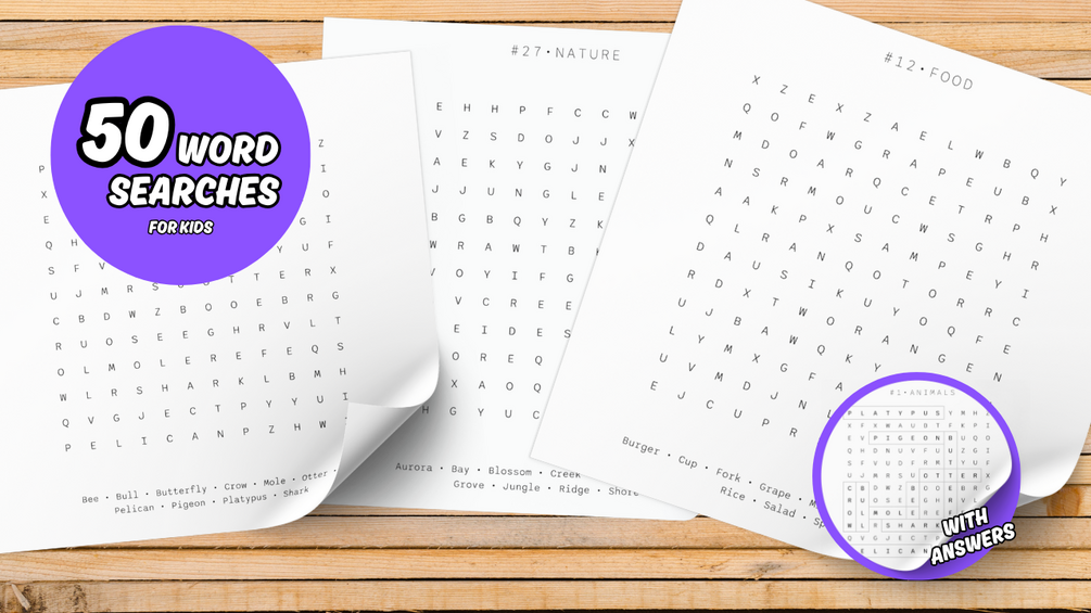 Word Search for Kids - 50 challenges / 10 words each / 5 different themes