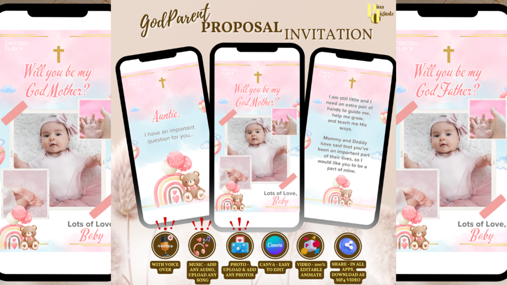 Baptism Modern Animated God Parent Proposal Invitation BAP0019