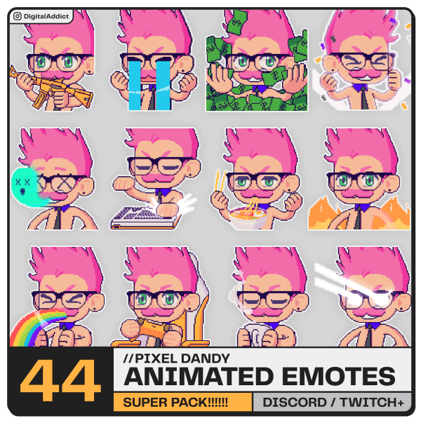 Pink Haired Glasses Moustache Gamer Guy Emote Pack