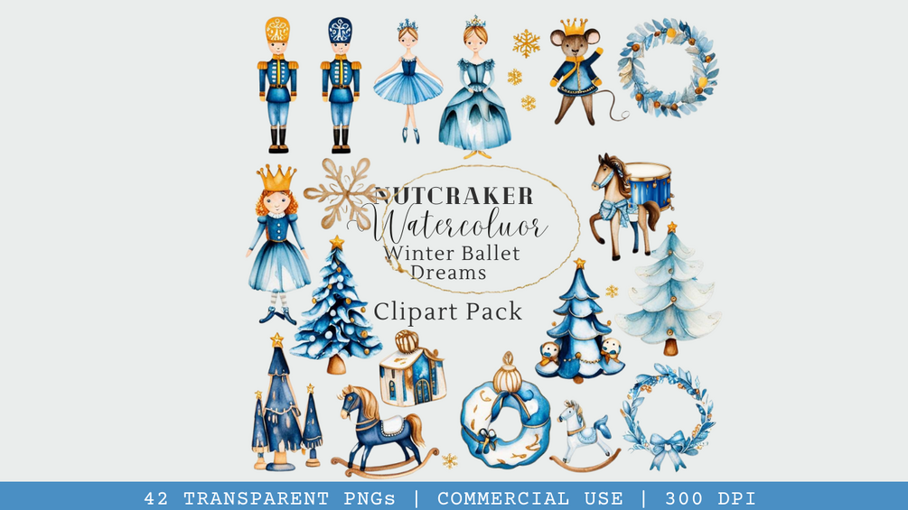 Watercolor Nutcracker Clipart Bundle | Blue Christmas PNGs | Ballerina, Mouse King, Xmas Decor ...