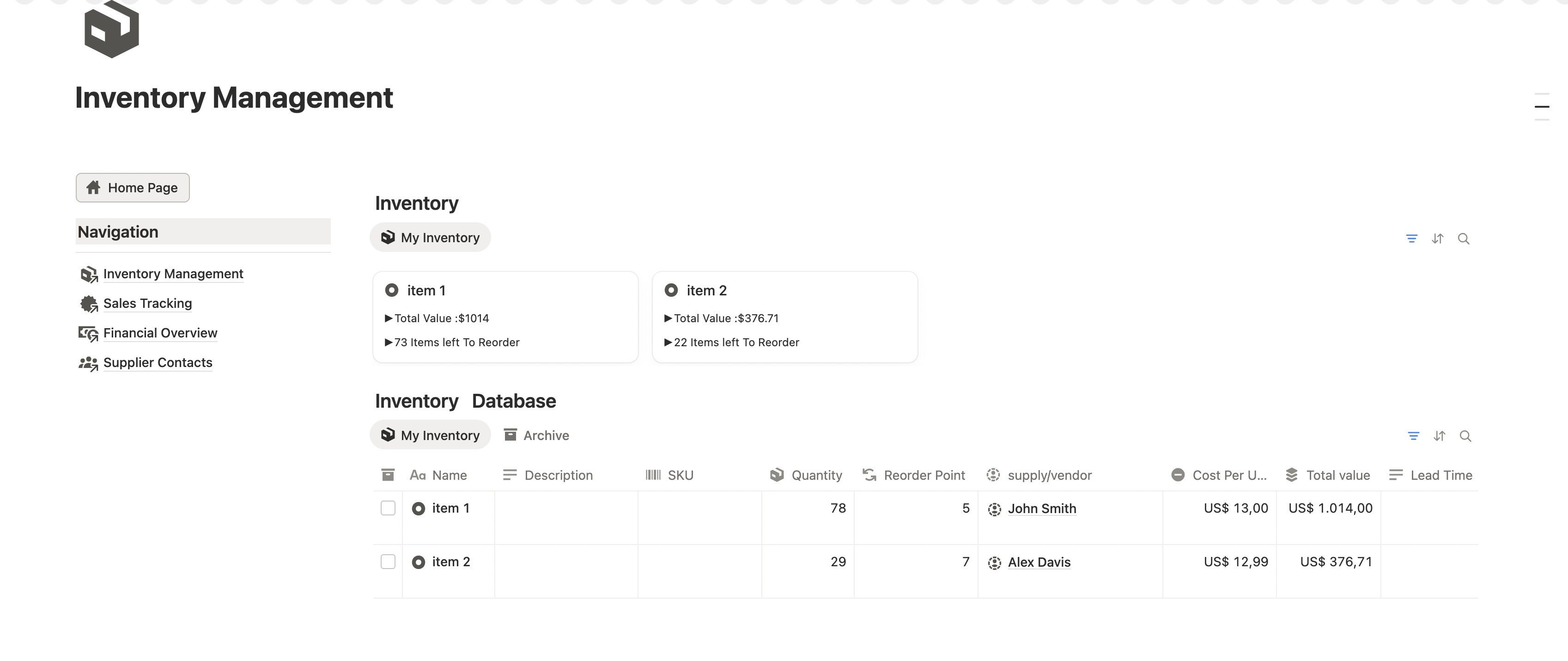 Notion Inventory & Sales Dashboard