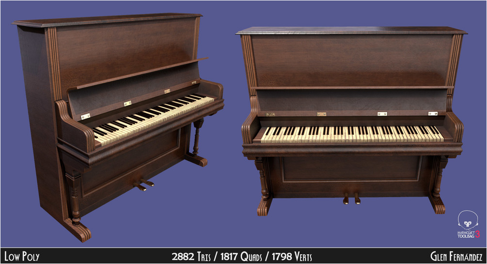 3D model: Vintage wooden upright piano with stool -low poly.