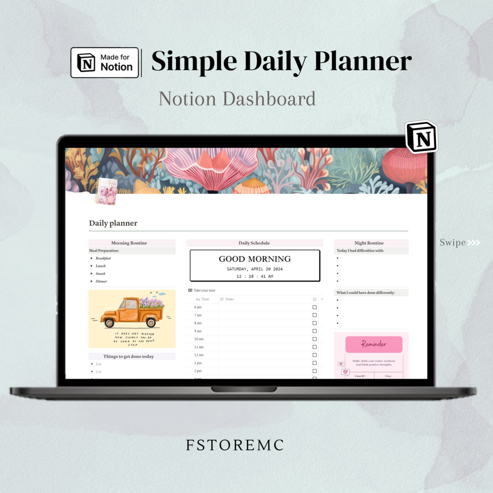 Simple Notion Daily Planner Dashboard, Easy Notion Template, Checklist and Notion Tracker