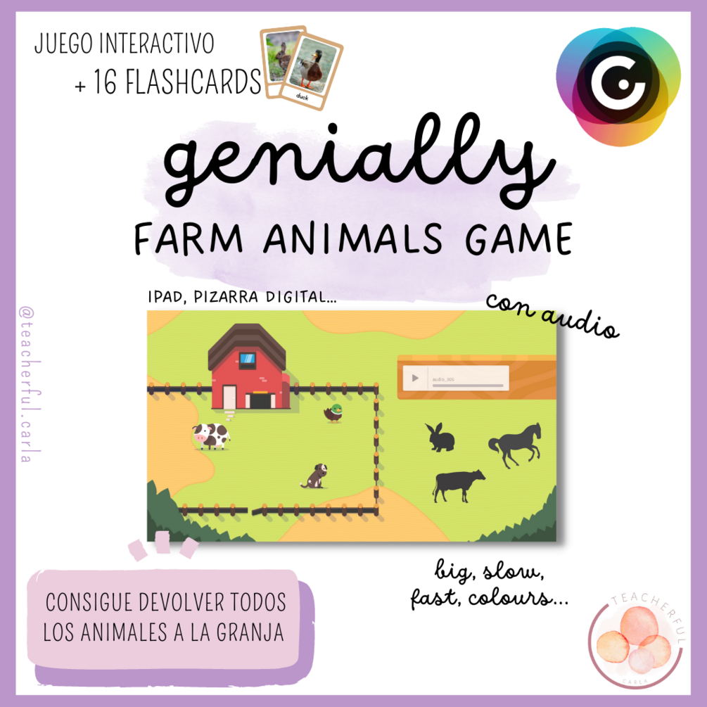 INTERACTIVE GAME "FARM ANIMALS" - with AUDIO DESCRIPTIONS + 16 flashcards